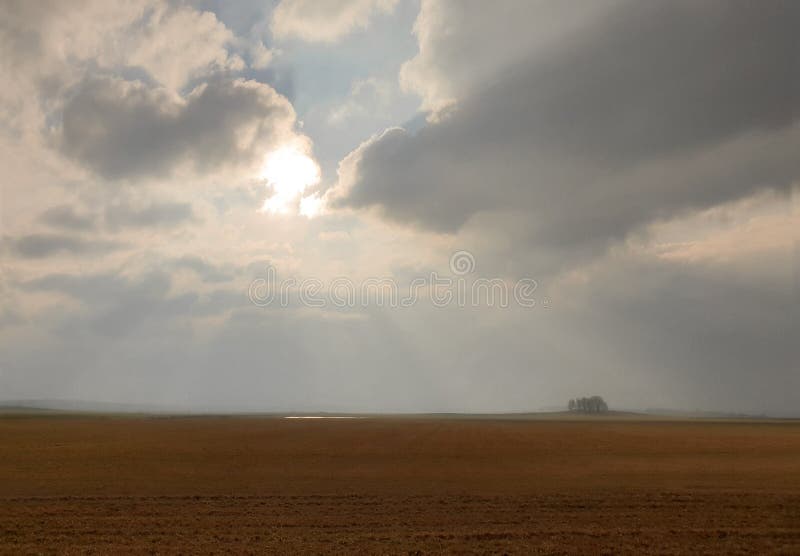 Sun Rays through Clouds, Autumn Field, Fog, Evening Stock Image - Image ...