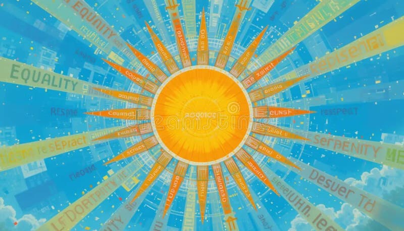 A Sun with Rays Composed of Words Like Equality, Respect, and Dignity ...