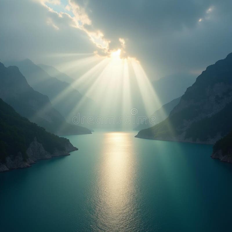 Rays of Sun Light Cracking through the Clouds Onto Mountain Peaks Stock ...