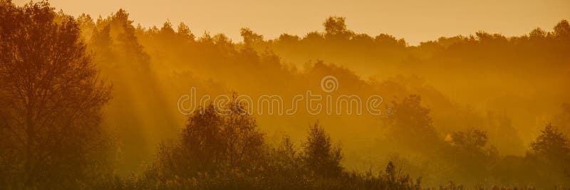 Sun Rays at Dawn in a Mist of Rolling Hills. Banner for Design Stock ...