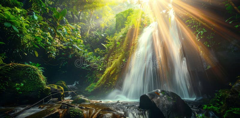 Sun Rays Filter through Trees To Light Up a Waterfall in Lush Forest ...