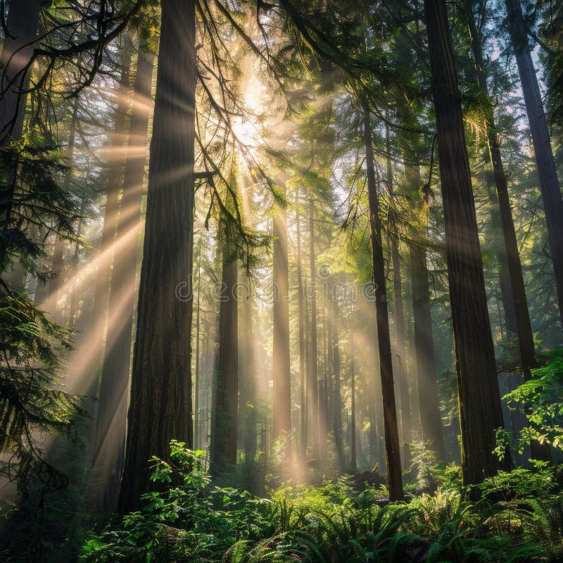 Sun Rays Filtering through a Dense Forest with Tall Trees Stock Image ...