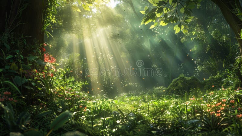 Sun Rays Filtering through Lush Green Foliage in a Vibrant and ...