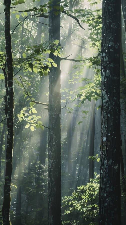 Sun Rays Filtering through Trees in a Lush Forest, Nature Serenity ...