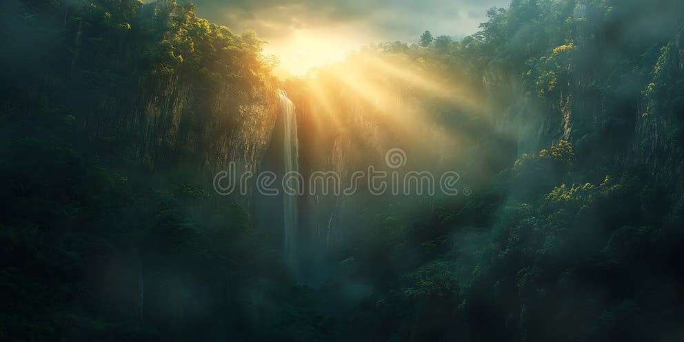 Sun Rays through Forest Mist Nature Background Image Stock Illustration ...