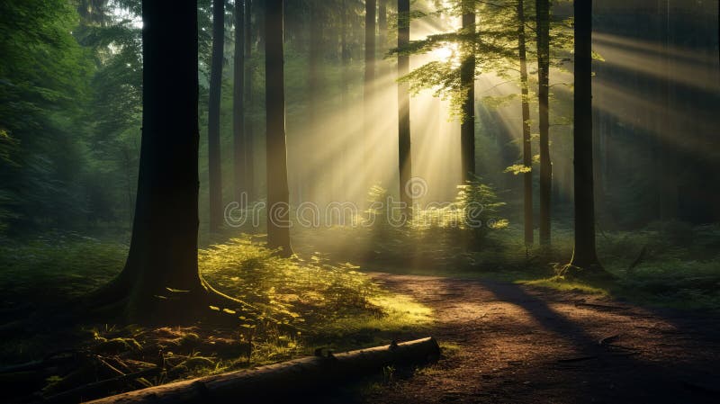 Sun rays in the forest stock illustration. Illustration of branch ...