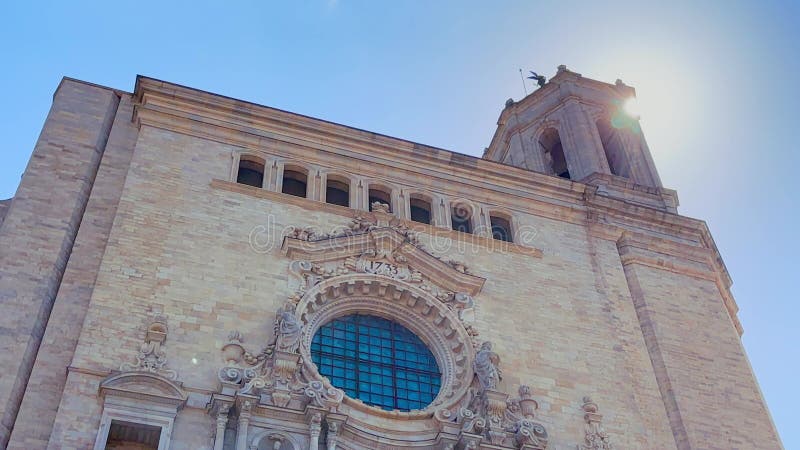 Facade of Famous Girona Cathedral Under a Bright Sun, Spain Stock ...