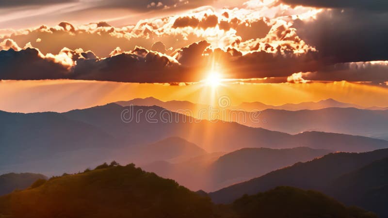 Sun Rays Illuminate Clouds Above Scenic Mountain Landscape, Dramatic ...