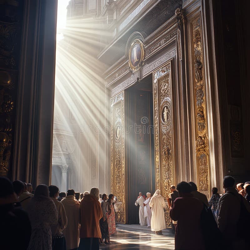 Sunlight Streaming through Ornate Doors As People Gather Inside a Grand ...