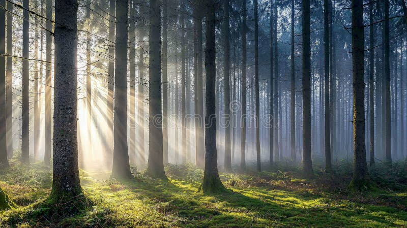 Sun Rays Illuminate a Misty Forest with Tall Pine Trees Stock Photo ...