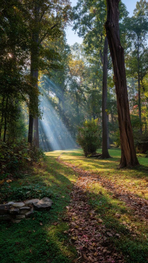 Sun Rays Illuminate a Path through a Serene Forest, Showcasing Lush ...