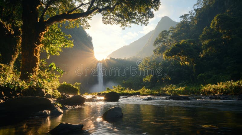 Sun Rays Illuminate a Waterfall Cascading Down Lush Green Mountains ...