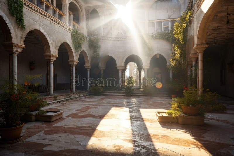 Sun Rays Illuminating Monastery Courtyard Stock Illustration ...