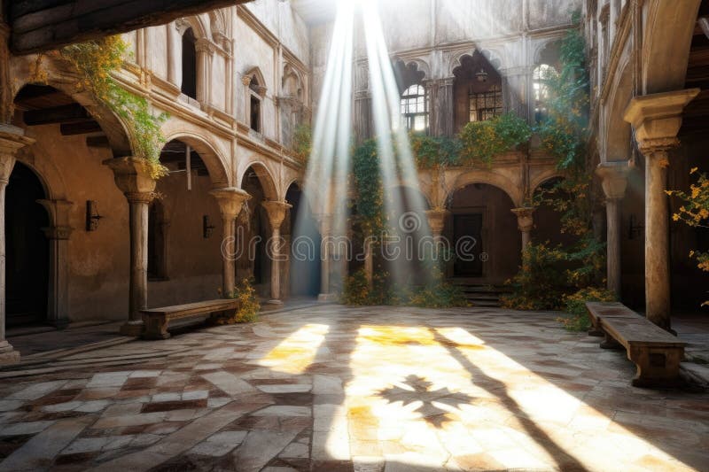 Sun Rays Illuminating Monastery Courtyard Stock Illustration ...