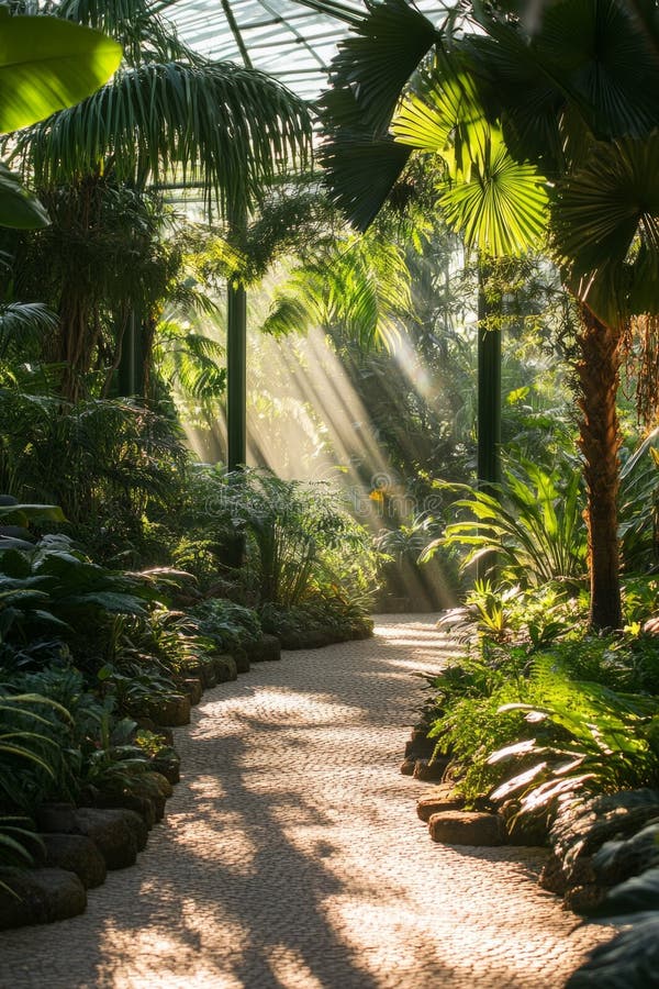 Sun Rays Illuminating a Pathway in a Botanical Garden Surrounded by ...