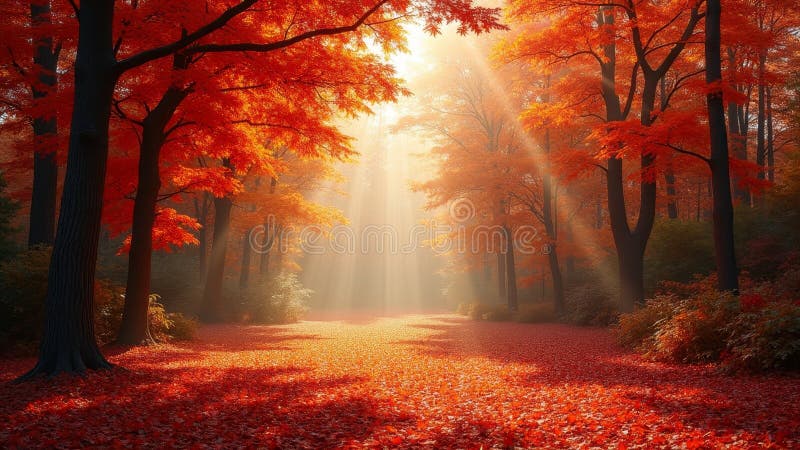 Sun Rays Illuminating a Red Maple Forest in Autumn. Stock Image - Image ...