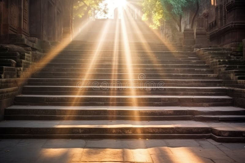 Sun Rays Illuminating Temple Steps Early Morning Stock Image - Image of ...