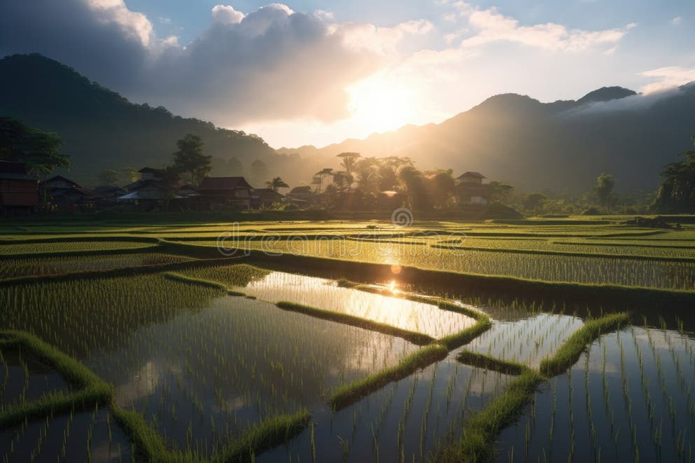 Sun Rays Illuminating Vibrant Rice Fields Stock Image - Image of ...
