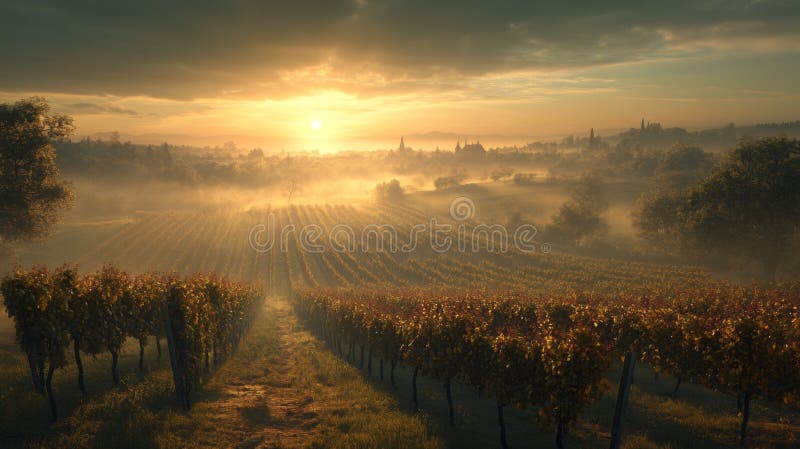 Sun Rays Illuminating Vineyard Rows in a Misty Sunrise Landscape Stock ...