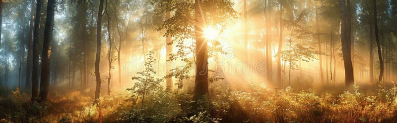 Sun Rays through Mist in a Birch Tree Forest at Sunrise Stock Image ...