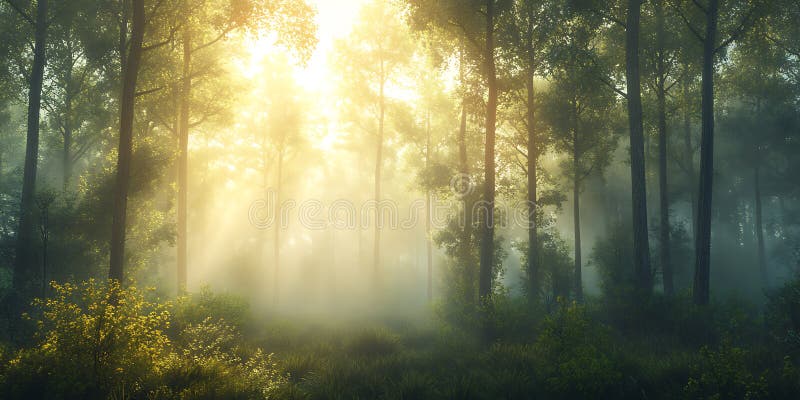 Sun Rays in Misty Forest: Peaceful Nature Scene Stock Illustration ...