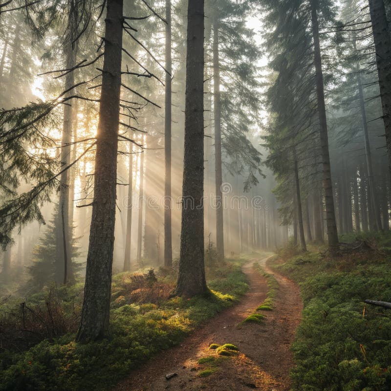 Sun Rays through Misty Pine Forest Path, Nature ,Foggy Stock ...
