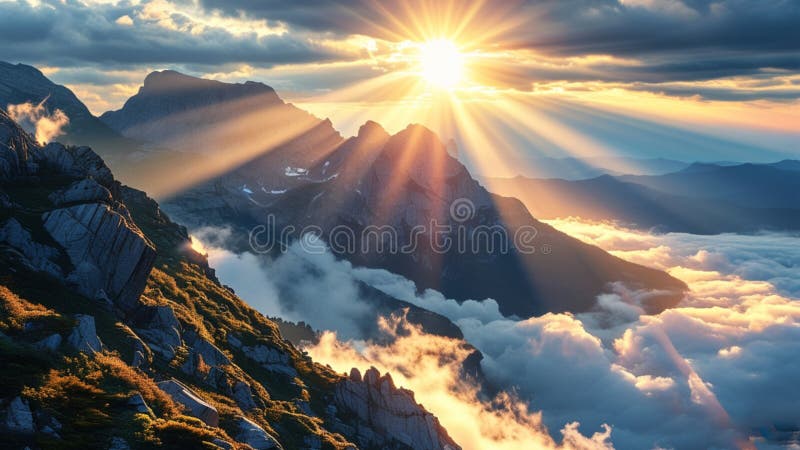 A Beautiful Landscape View with Sun Beams through Clouds from the Top ...