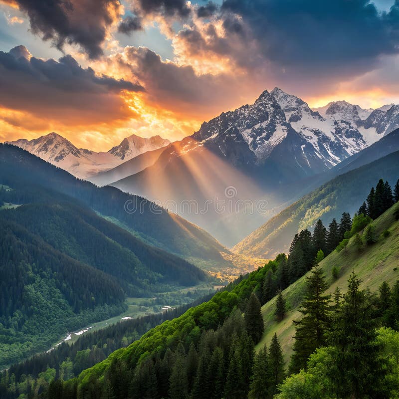 Sun Rays Mountain Landscape Stock Illustration - Illustration of serene ...