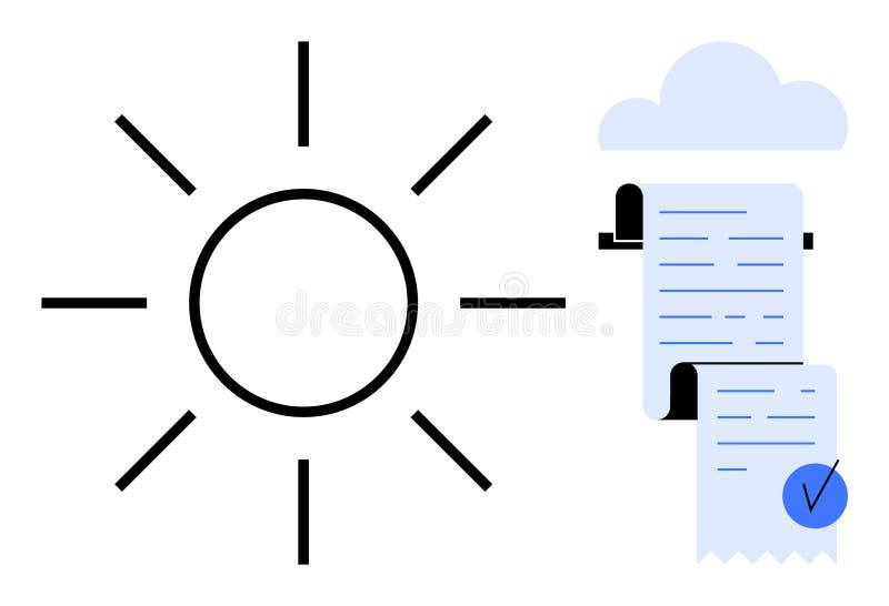 Sunshine Icon Next To Cloud Icon with Rolled-up Documents and Check ...