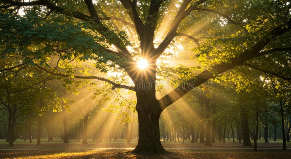 Sun Rays through Oak Tree in Forest Stock Illustration - Illustration ...