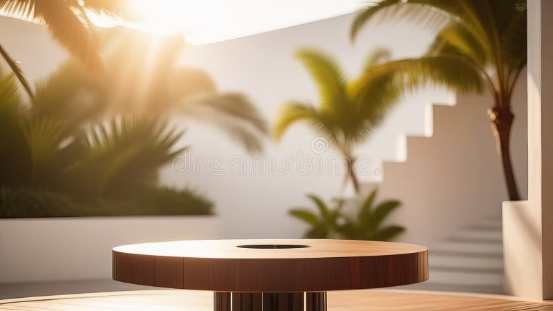Sun Rays Over a Contemporary Table with Blurred Palm Silhouettes in the ...