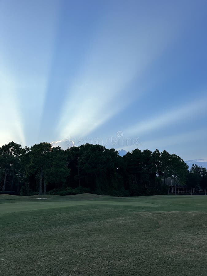 Sun Rays Over Green Grass Golf Course Stock Photo - Image of horizon ...