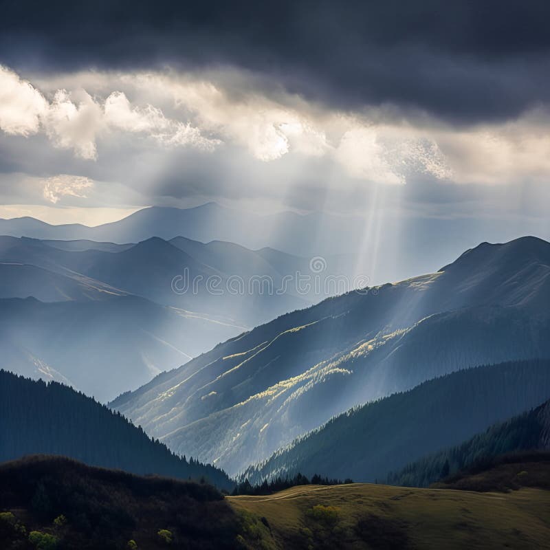 Sun Rays Pass through Dark Storm Clouds and Illuminate the Mountains ...