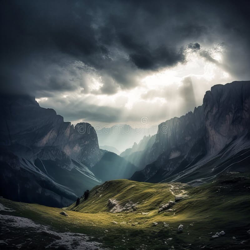 Sun Rays Pass through Dark Storm Clouds and Illuminate the Mountains ...