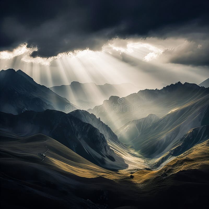 Sun Rays Pass through Dark Storm Clouds and Illuminate the Mountains ...