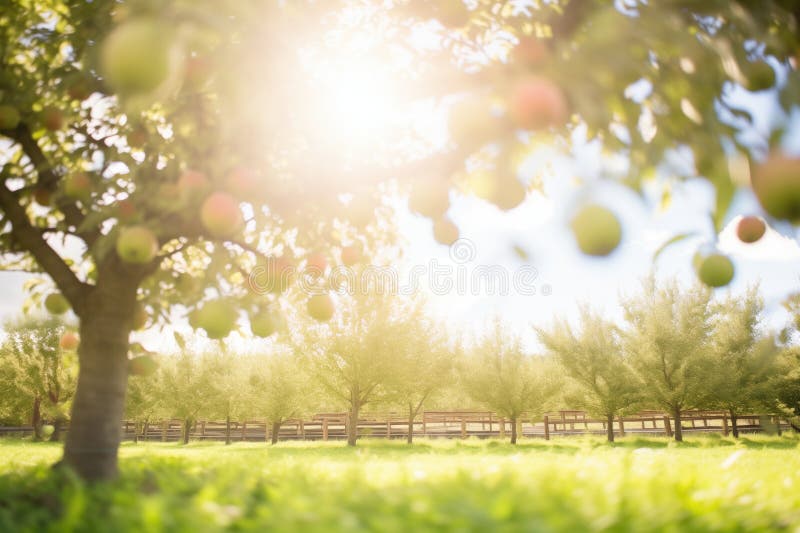 Sun Rays Peeking through Apple Orchard Stock Image - Image of rural ...