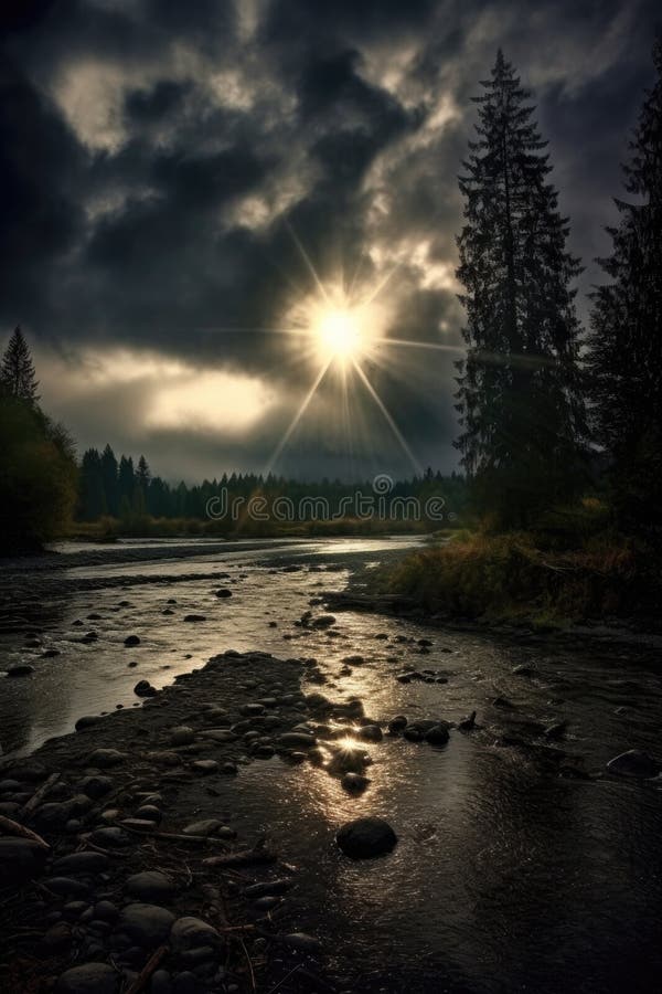 Sun Rays Peeking through Dark, Moody Clouds Stock Illustration ...