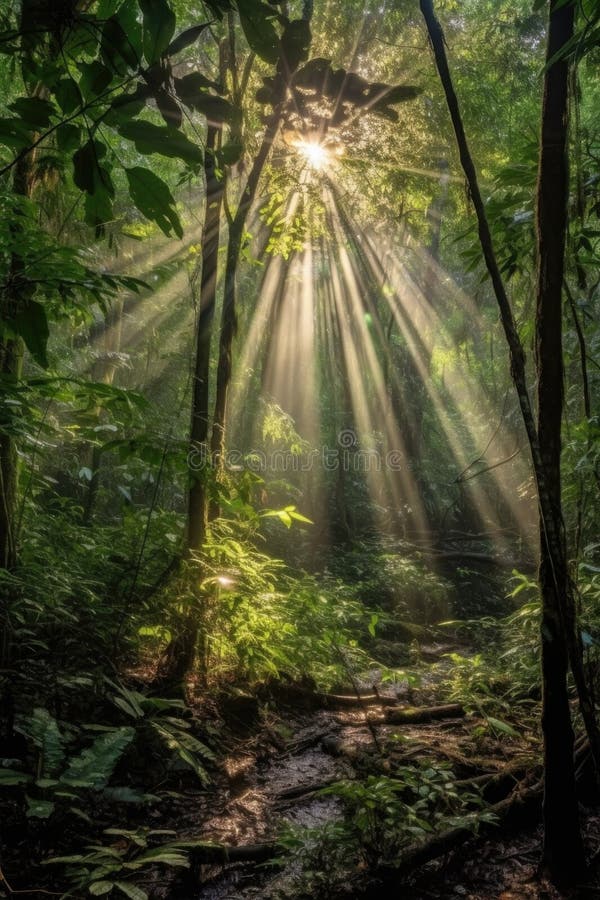 Sun Rays Peeking through a Dense Forest Canopy Stock Illustration ...