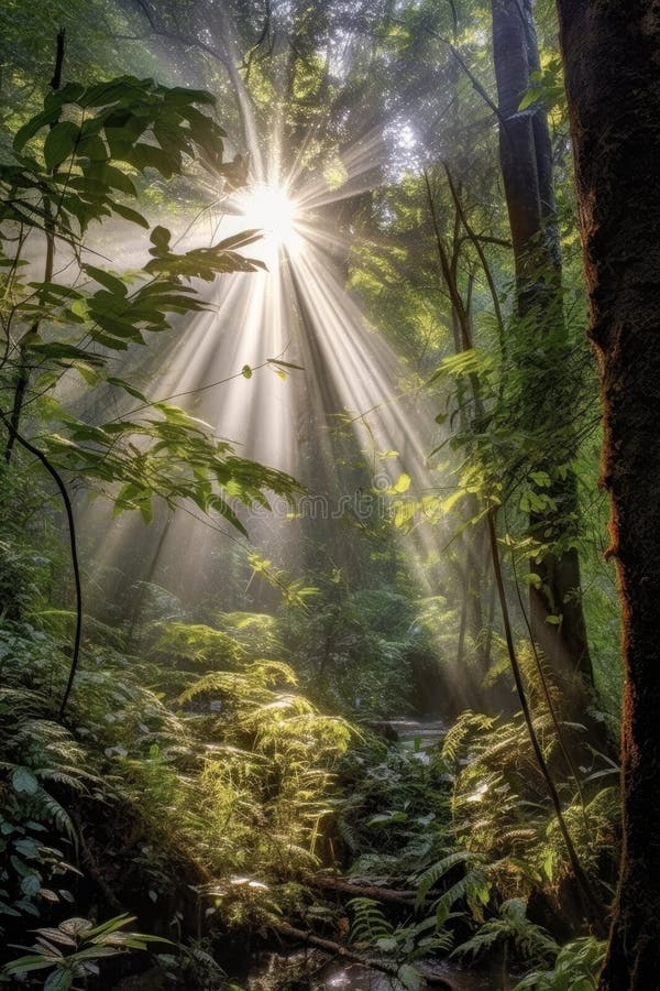 Sun Rays Peeking through a Dense Forest Canopy Stock Illustration ...