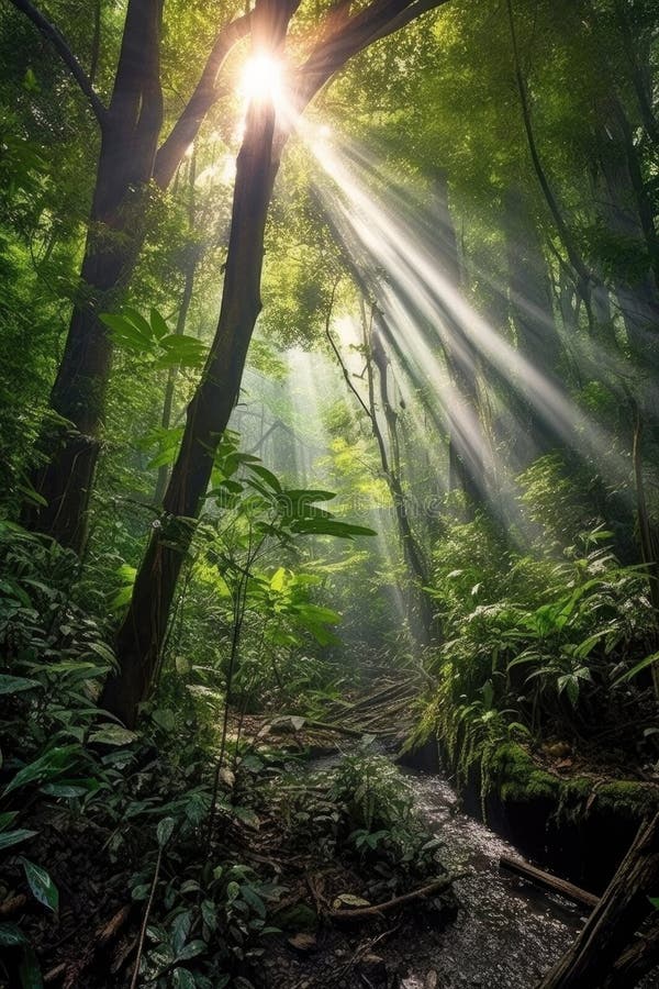 Sun Rays Peeking through a Dense Forest Canopy Stock Image - Image of ...