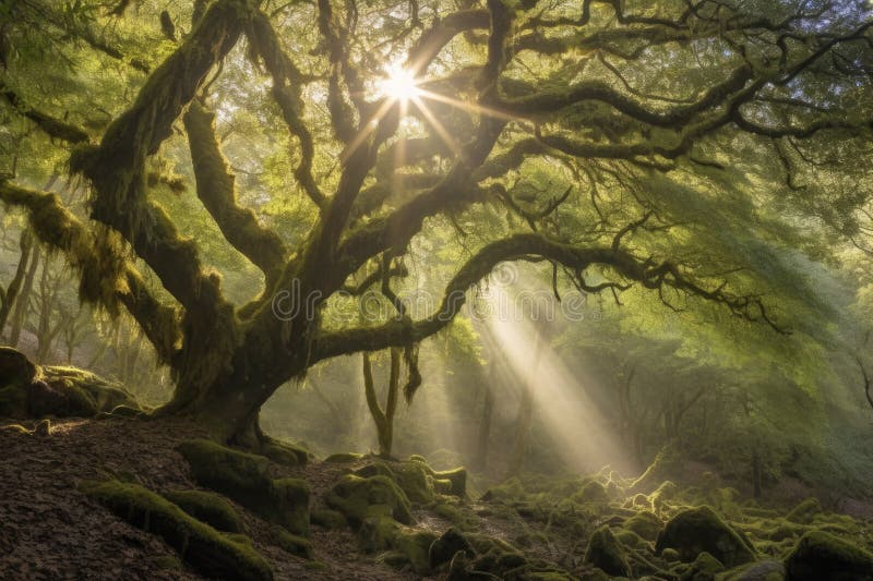 Sun Rays Peeking through Dense Oak Foliage in a Misty Forest Stock ...