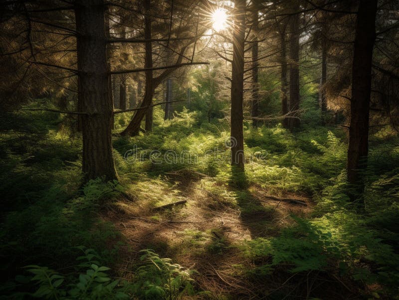 Sun Rays Peeking through a Dense Pine Forest Stock Illustration ...