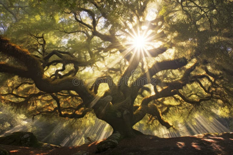 Sun Rays Peeking through Oak Tree Branches Stock Illustration ...