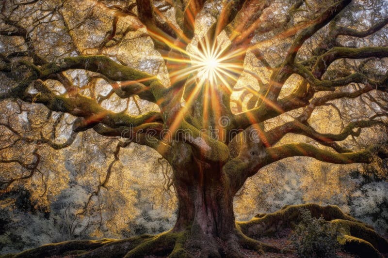 Sun Rays Peeking through Oak Tree Branches Stock Illustration ...