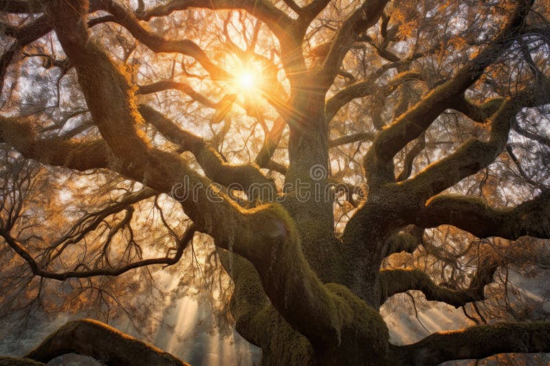 Sun Rays Peeking through Oak Tree Branches Stock Illustration ...