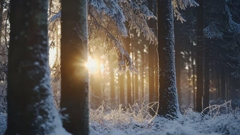 Sun Rays Pierce through a Snow-covered Winter Forest at Sunrise Stock ...