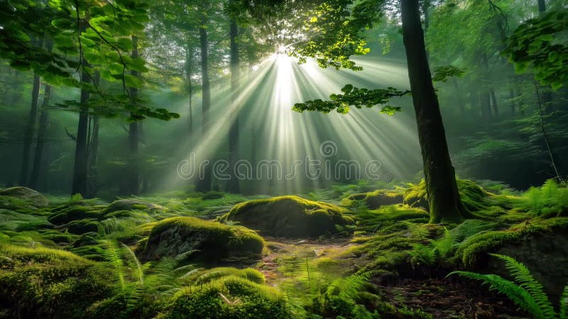 Sun Rays Piercing through a Deep Forest Canopy Illuminating the Lush ...