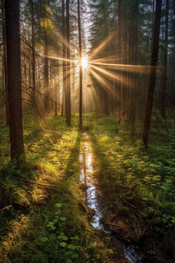 Sun Rays Piercing through a Dense Pine Forest Stock Illustration ...