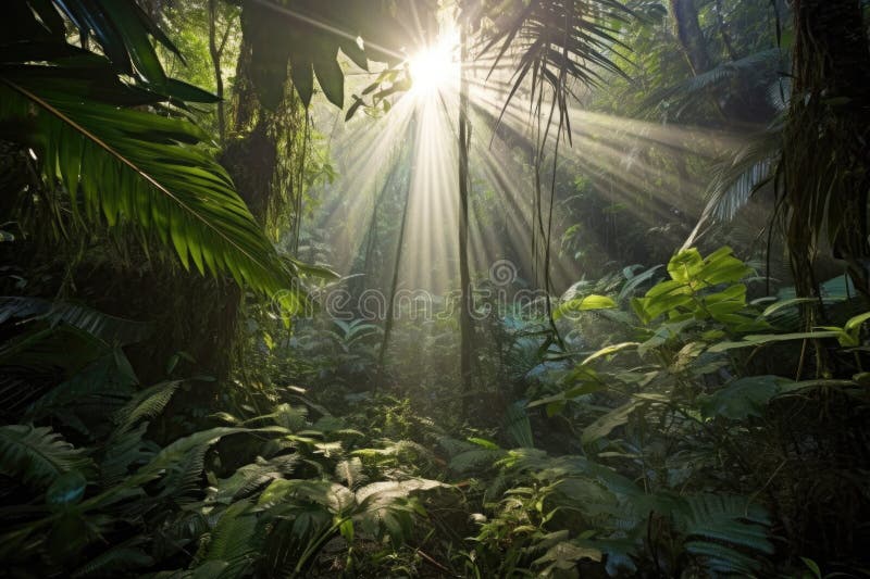 Sun Rays Piercing through Dense Rainforest Foliage Stock Illustration ...