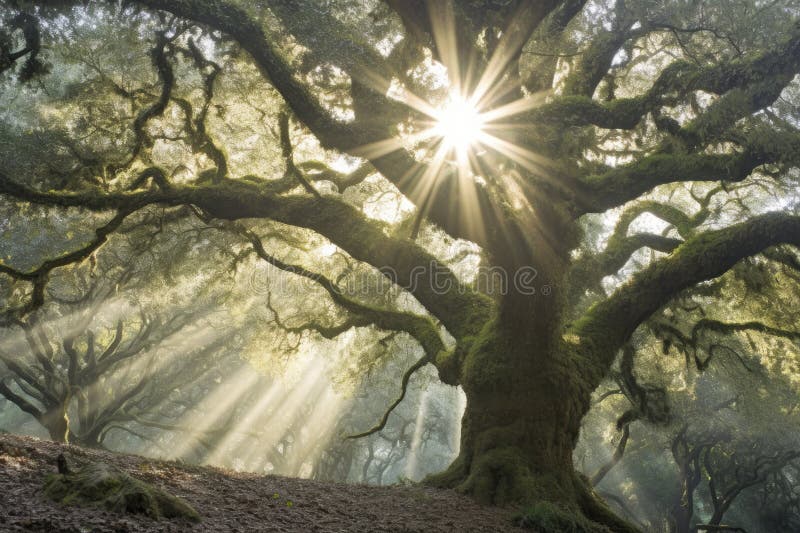 Sun Rays Piercing through Oak Tree Canopy Stock Illustration ...